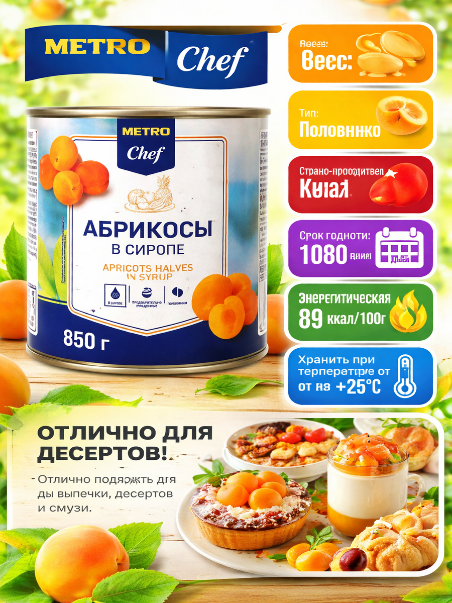 METRO Chef Абрикосы очищенные половинки в сиропе, 850мл