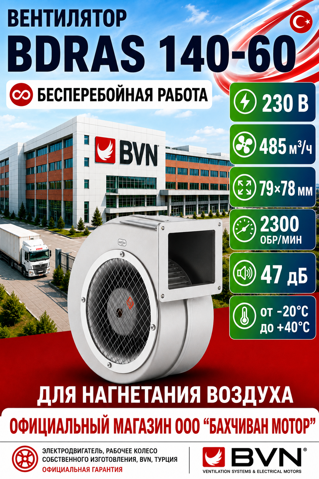 Вентилятор радиальный улитка одностороннего всасывания BVN BDRAS 140-60, центробежный, 485 м3/час, 138 Вт, алюминиевый корпус