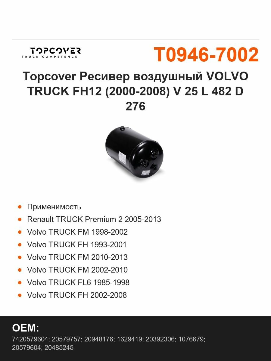 Topcover Ресивер воздушный VOLVO TRUCK FH12 (2000-2008) V 25 L 482 D 276