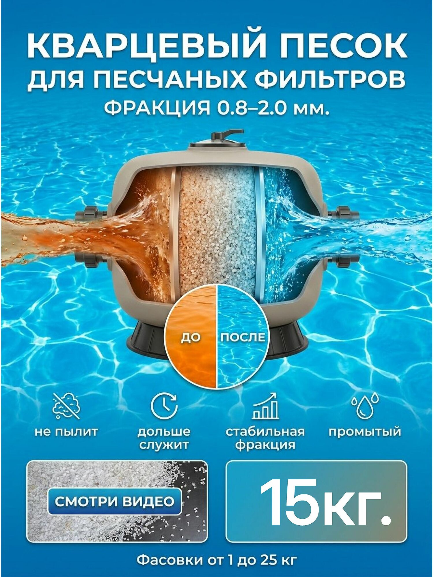 Кварцевый песок для фильтра бассейна 0.8-2.0 мм, оптимальная фракция, загрузка для фильтрации воды, чистый кварц, 15 кг
