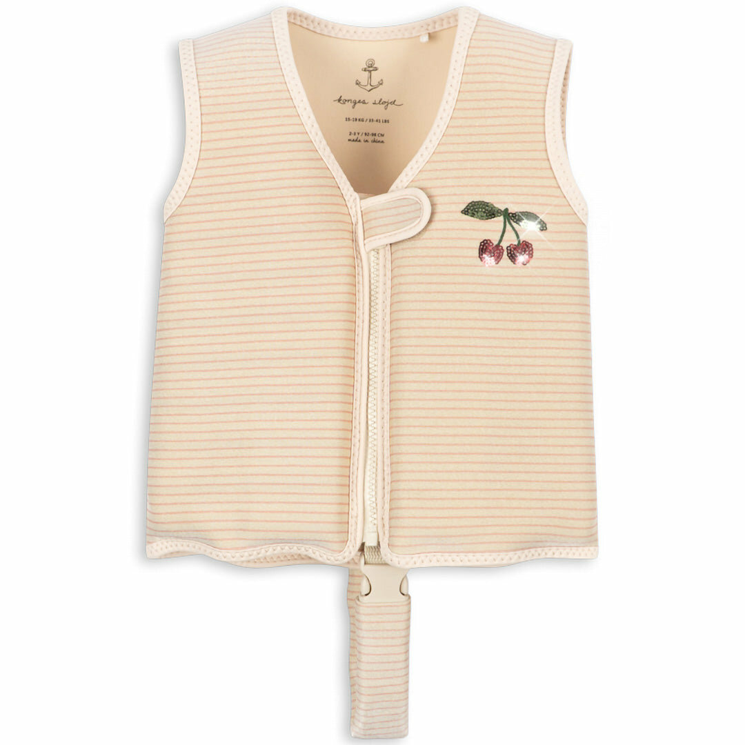 Детский жилет для плавания Konges Slojd Cherry Rose Stripe для девочек, 3-6 лет, бежевый с вышивкой вишни из пайеток. - Конгес Слёйд KS104726-RO-ST-3-6Y