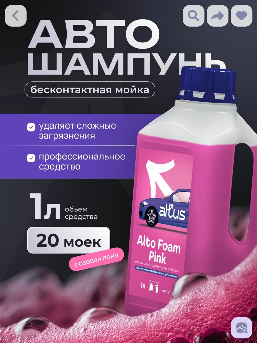 Автошампунь для бесконтактной мойки, Пена для мойки высокого давления Alto Foam Pink концентрат, 1 л
