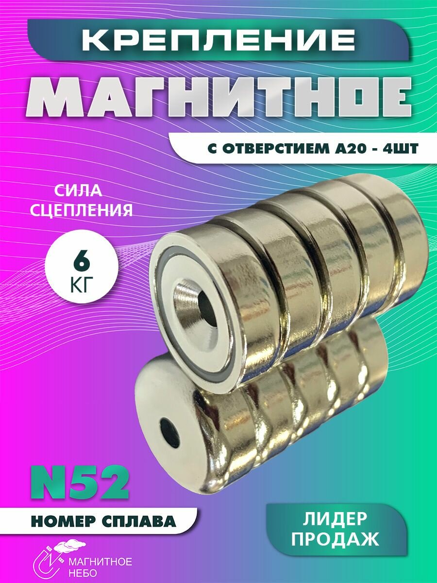 Магнитное крепление с отверстием, зенковкой А20 мм - 4 шт