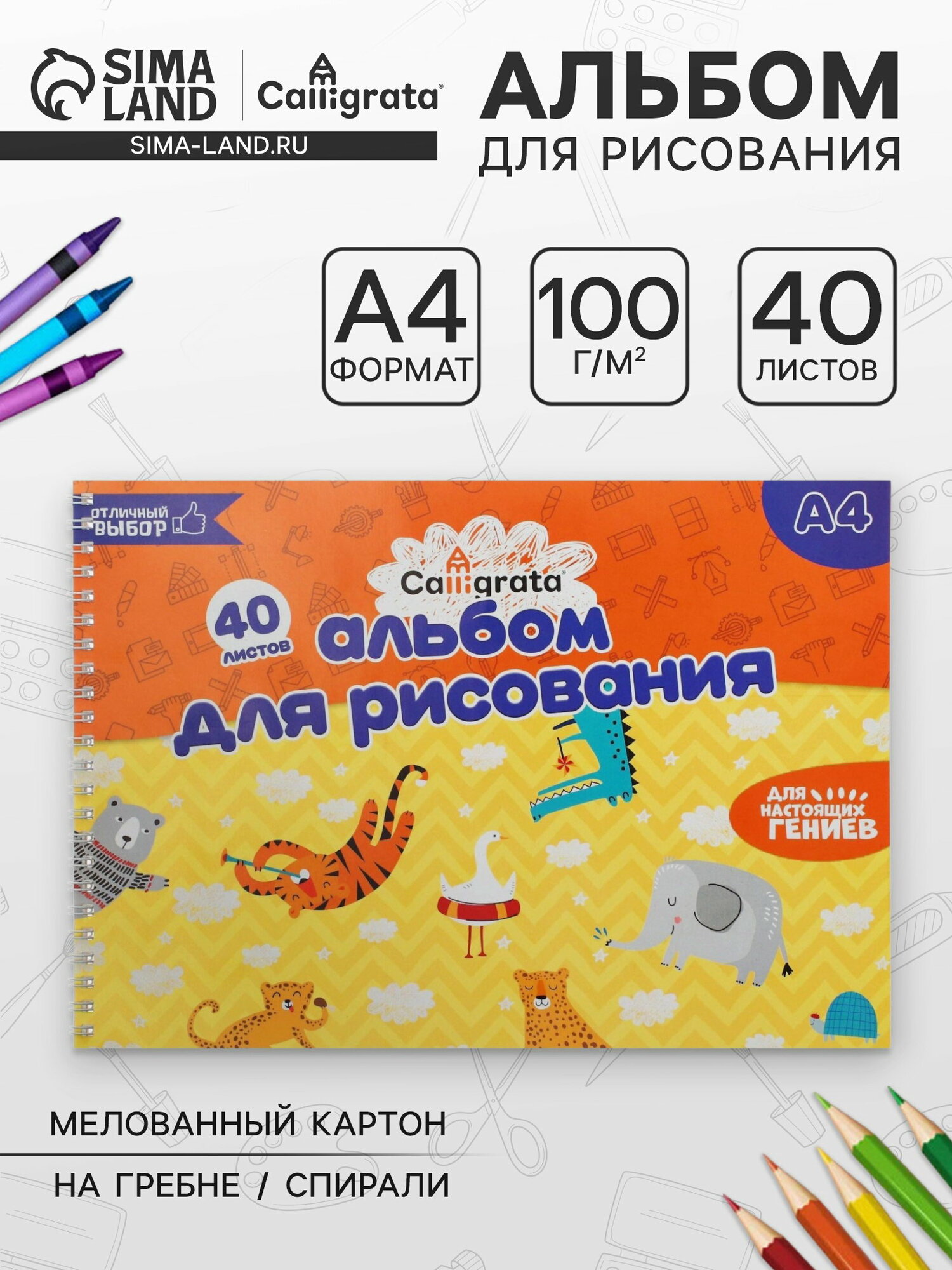 Альбом для рисования А4, 40 листов на гребне, обложка мелованный картон, блок 100 г/?2