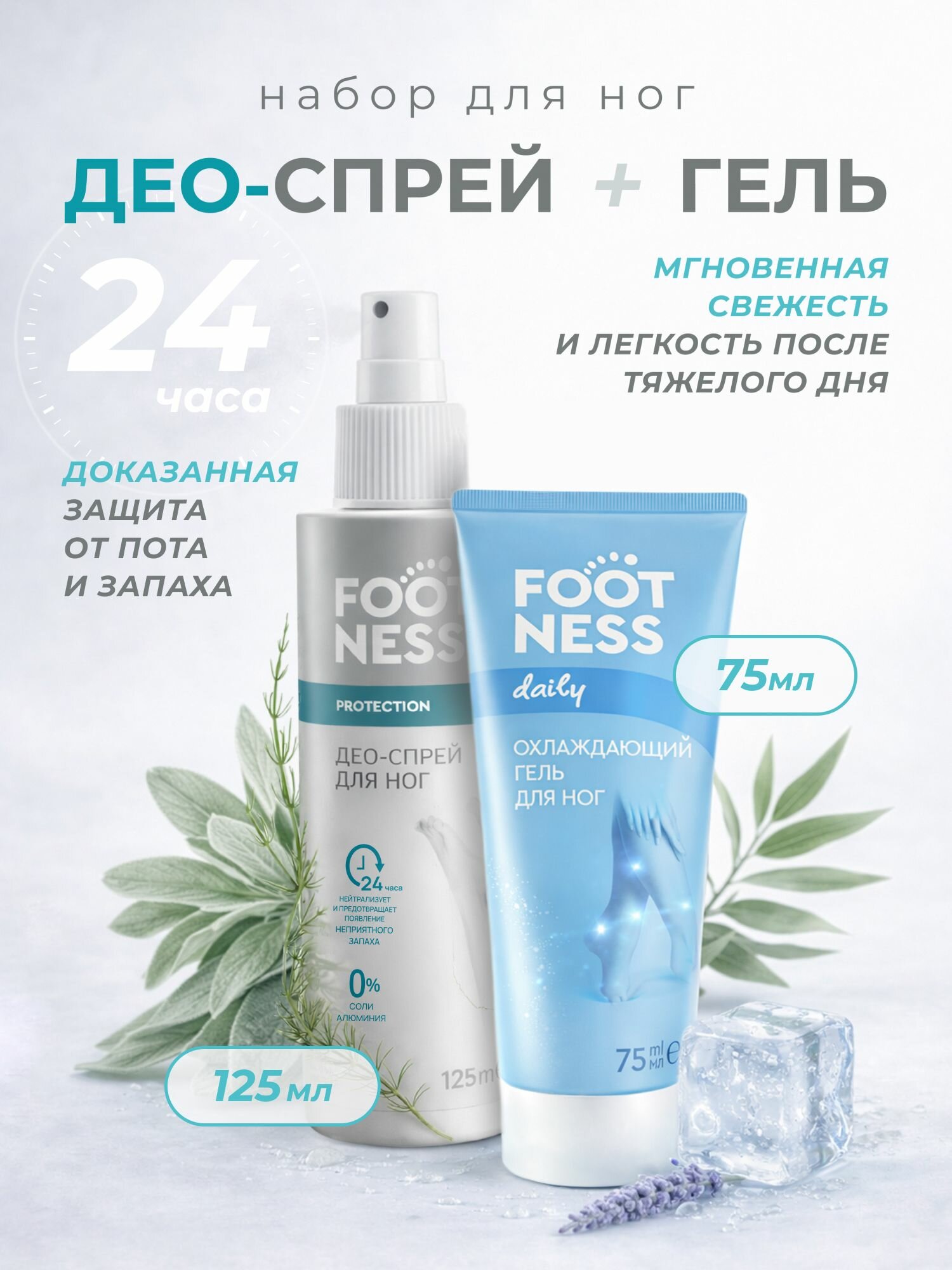 Гель охлаждающий и део-спрей от запаха для ног Footness, 125+75 мл