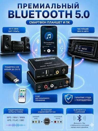 Конвертер аудио Optical Coaxial на Aux RCA Bluetooth адаптер mp3 плеер цап Блютуз приемник 5 в 1