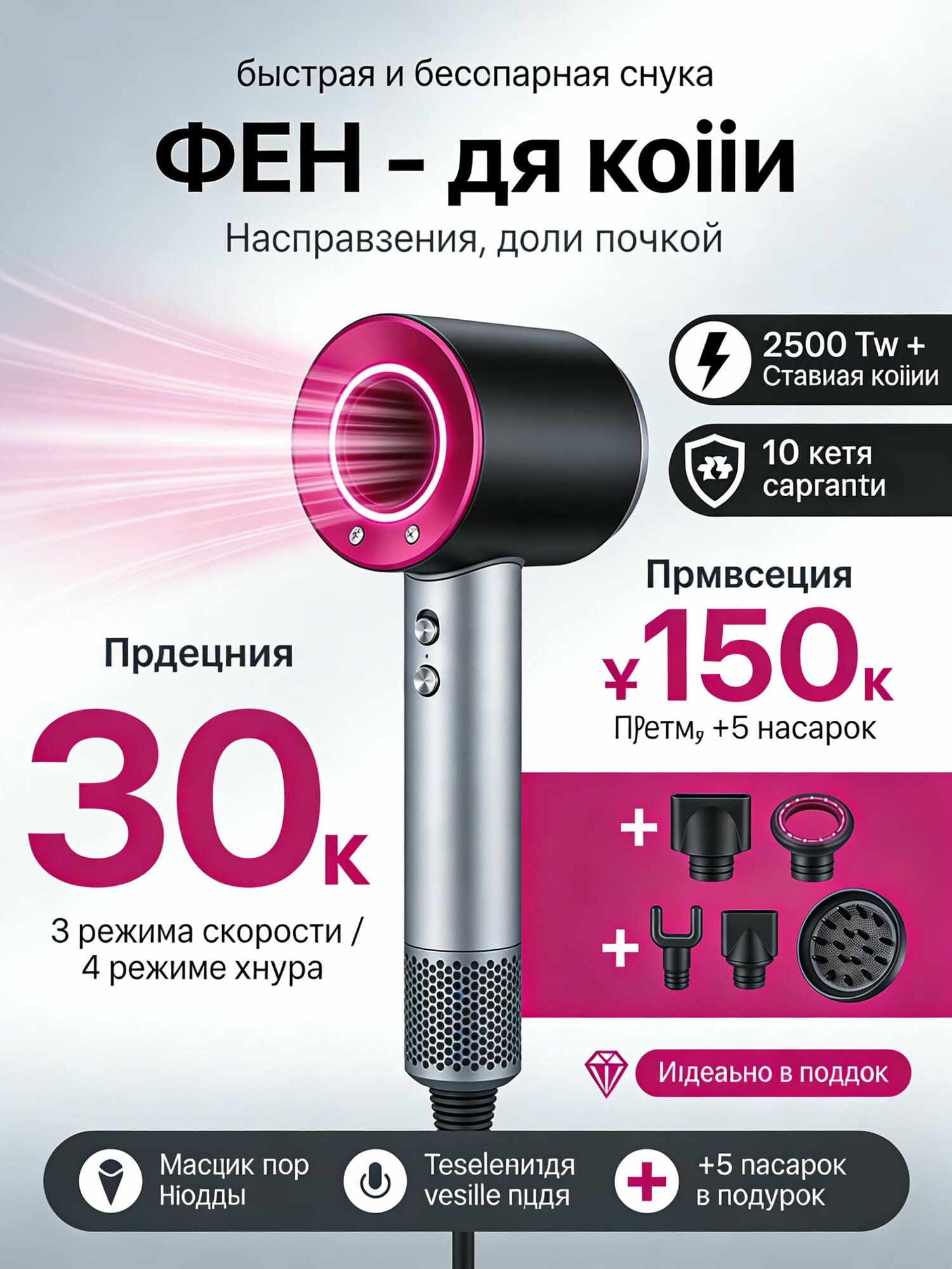 Фен для волос профессиональный мощный TsialStore 2500 Вт, скоростей 3, кол-во насадок 5, черный, розовый