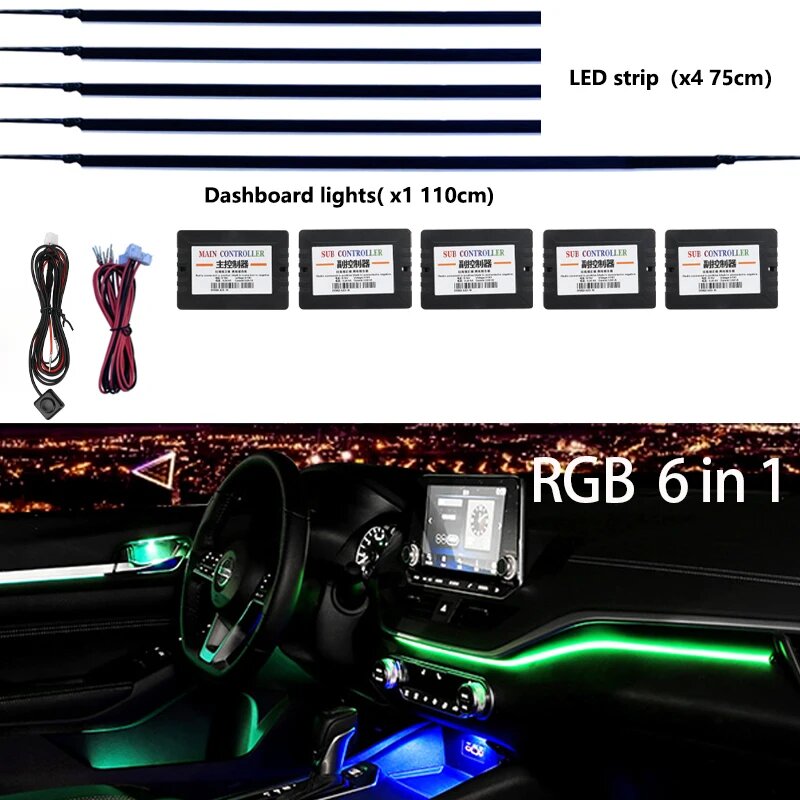Светодиодное окружающее освещение для салона автомобиля, неоновая RGB лампа для RGB 6 IN 1