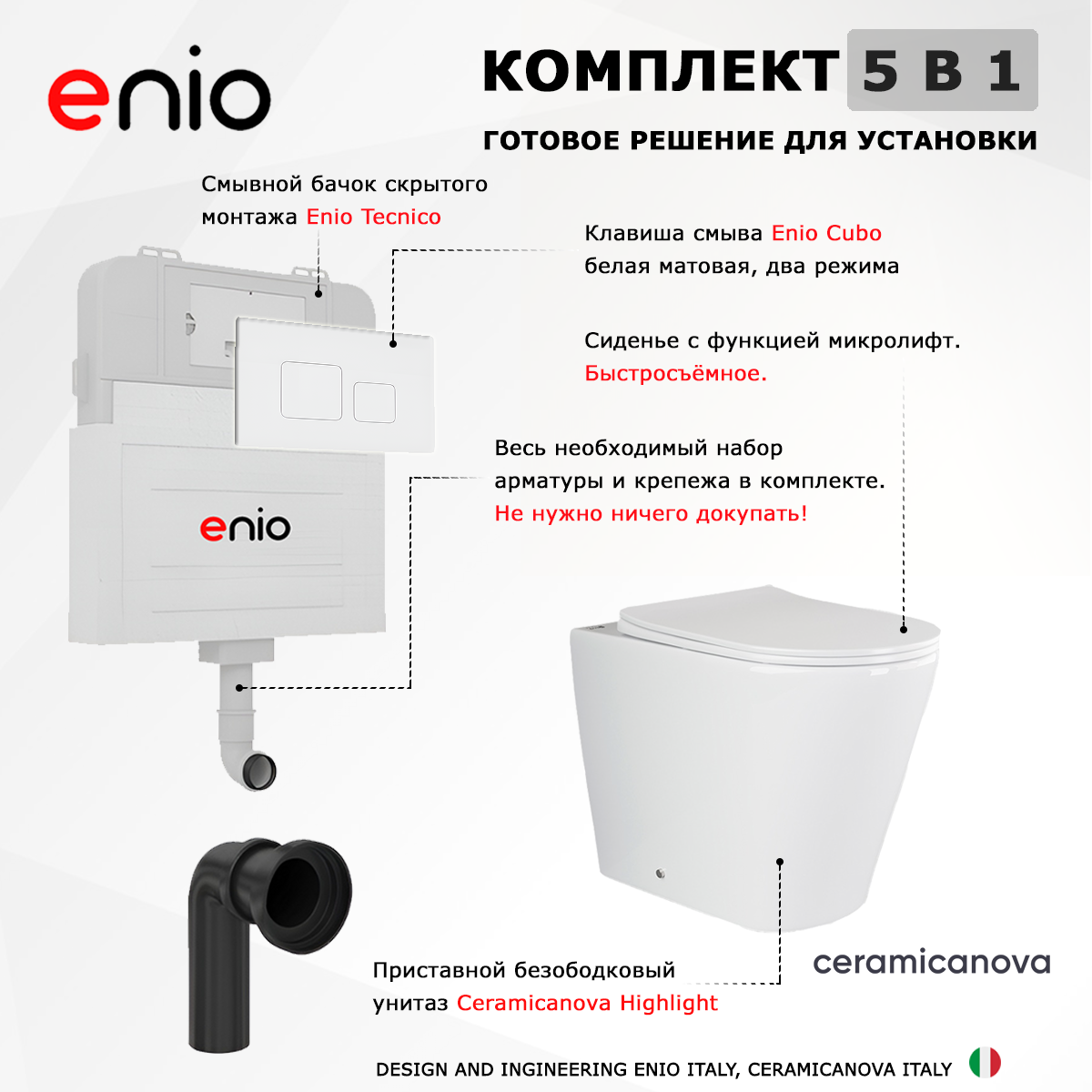 Комплект 3 в 1 смывной бачок скрытого монтажа Enio Tecnico + Унитаз приставной Ceramica Nova Highlight CN1812 с кнопкой белой Cubo EN8050817 + EN8050811 + CN1812