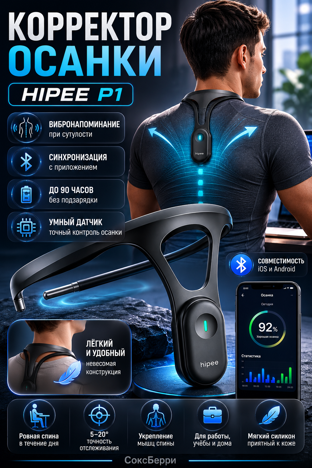 Корректор осанки Xiaomi Hipee P1 Smart Posture Corrector (Черный)