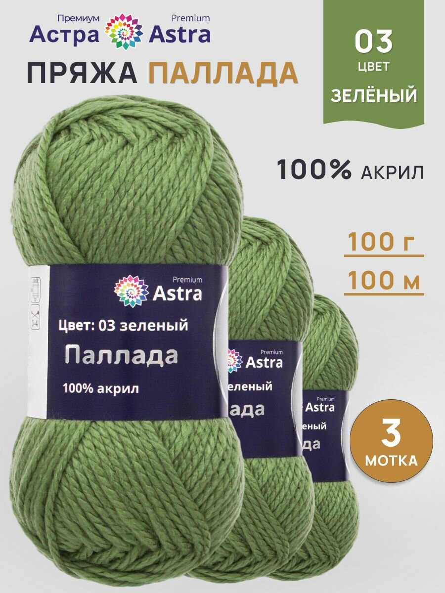 Пряжа для вязания Astra Premium 'Паллада' 100г, 100м (100% акрил) (03 зеленый), 3 мотка