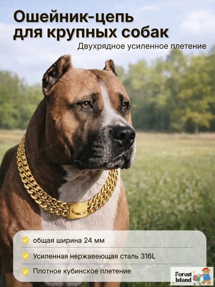 Усиленная ошейникцепь премиум для средних и крупных пород, золотой оттенок, ширина 24 мм