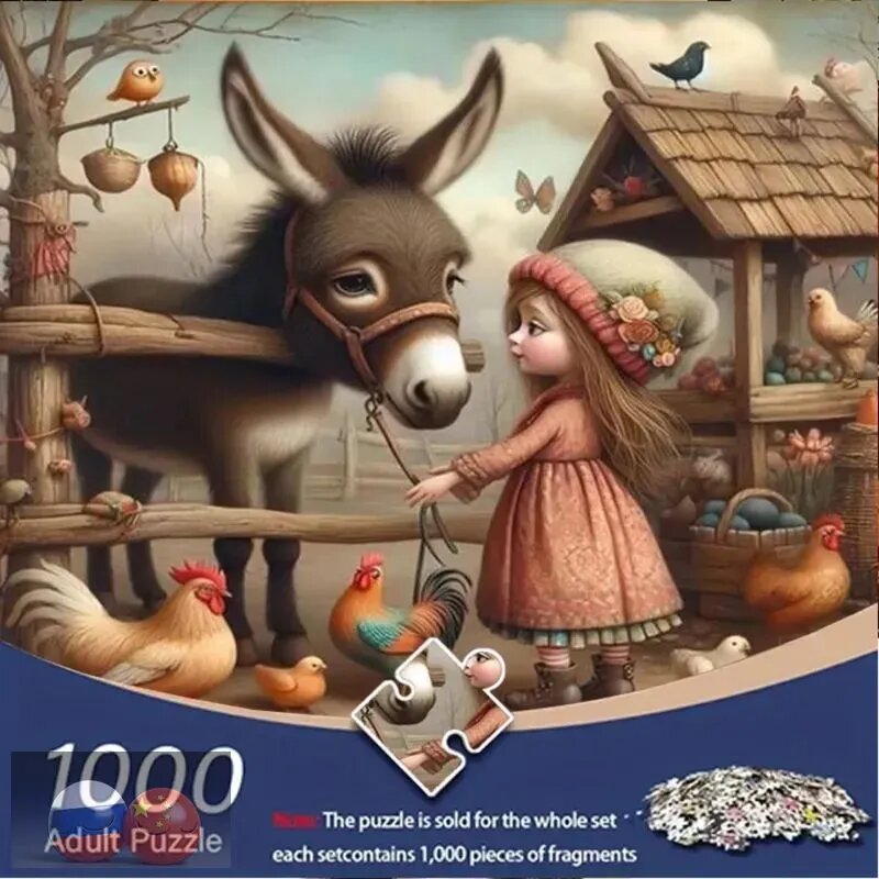 Пазлы для взрослых на 1000 , 50х70см, подарочный набор "Осел и ребенок"