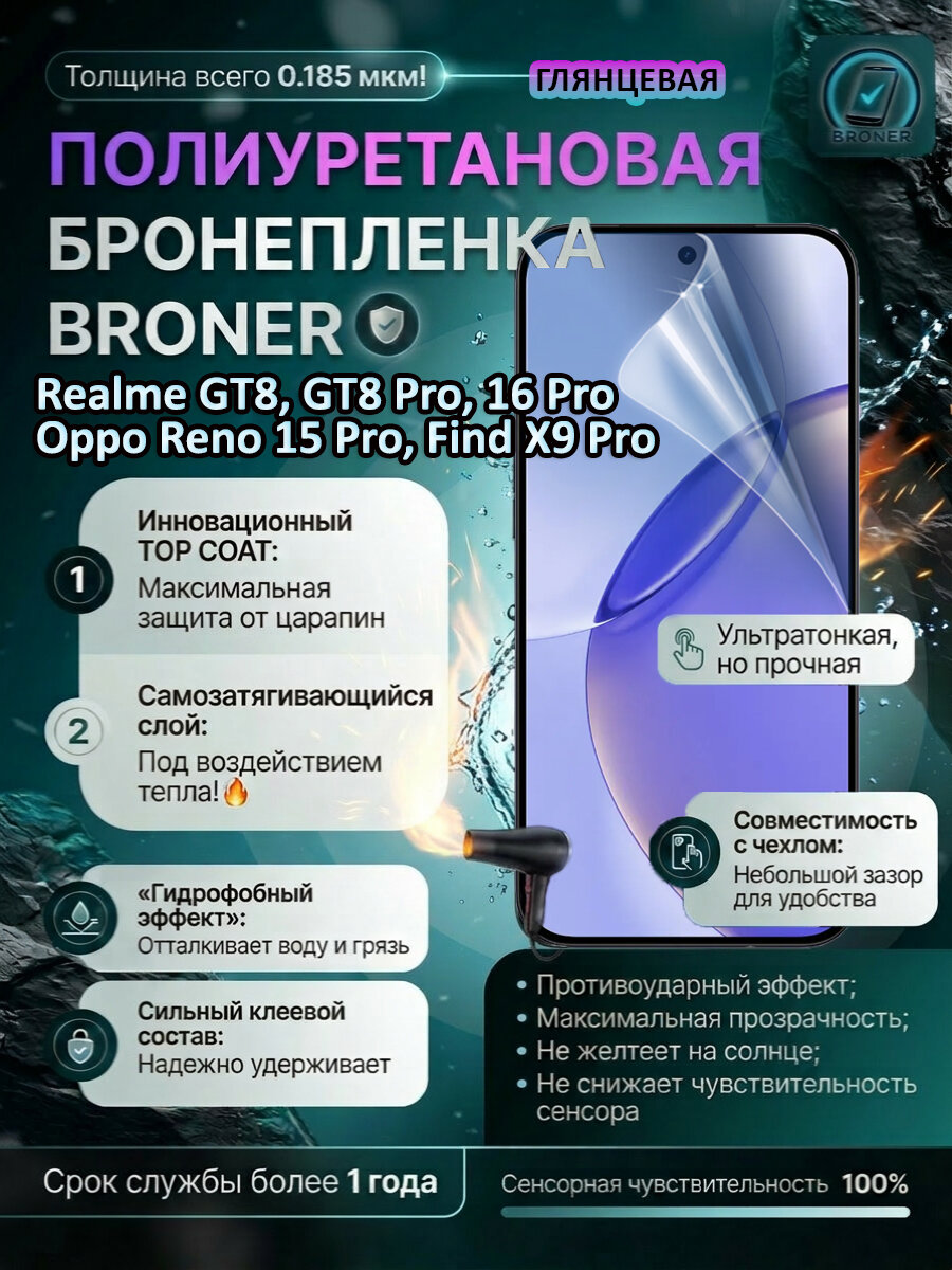 Полиуретановая бронепленка для Realme GT8, GT 8 Pro, 16 Pro, Oppo Reno 15 Pro, Find X9 Pro / Защитная плёнка на экран, совместима с чехлом, с вырезом под камеру / Глянцевая