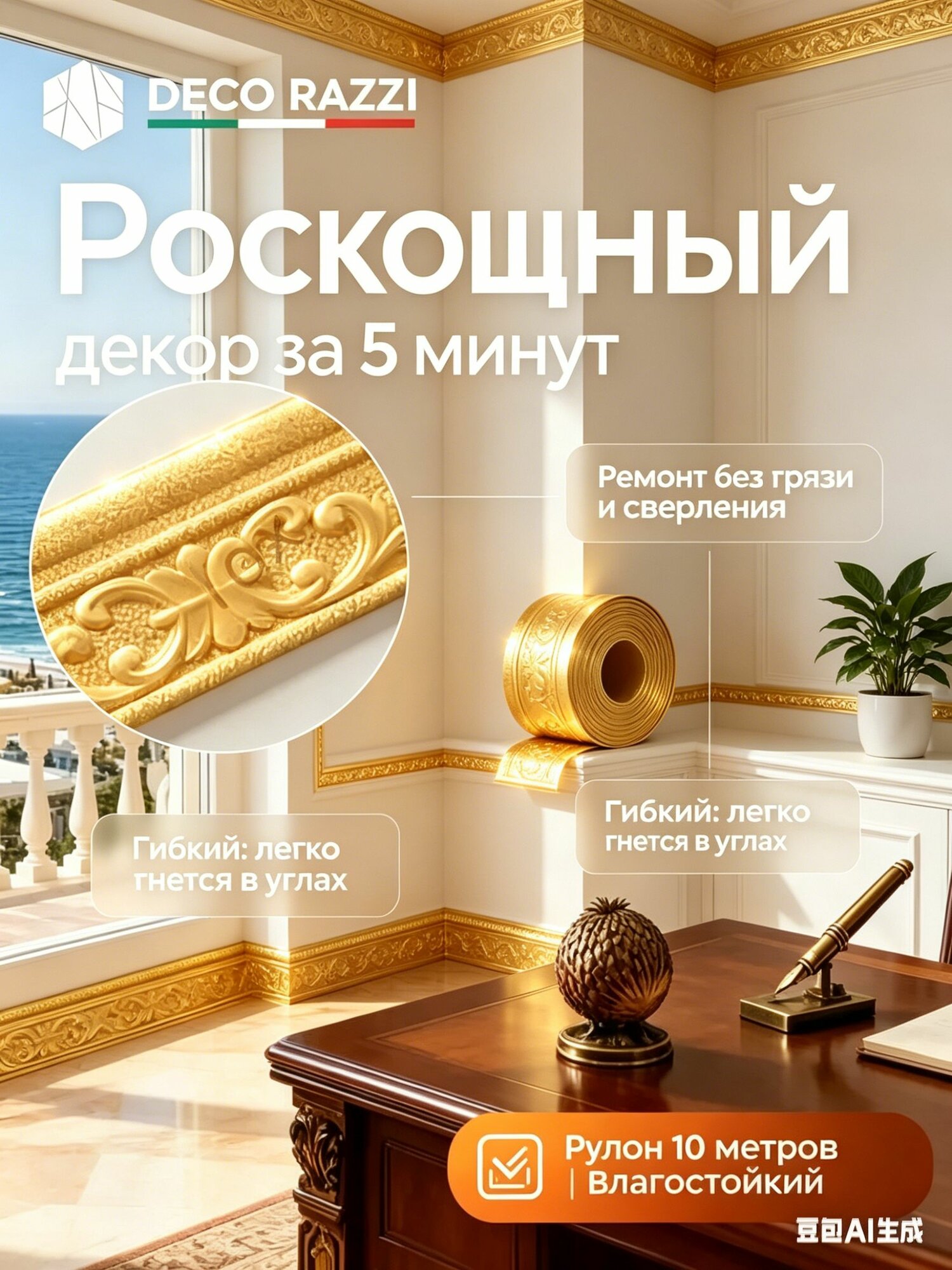 Плинтус самоклеящийся потолочный 10 метров, Гибкий 3D молдинг для стен и потолка Золото, Интерьерный багет мягкий влагостойкий, Бордюр декоративный для зеркала