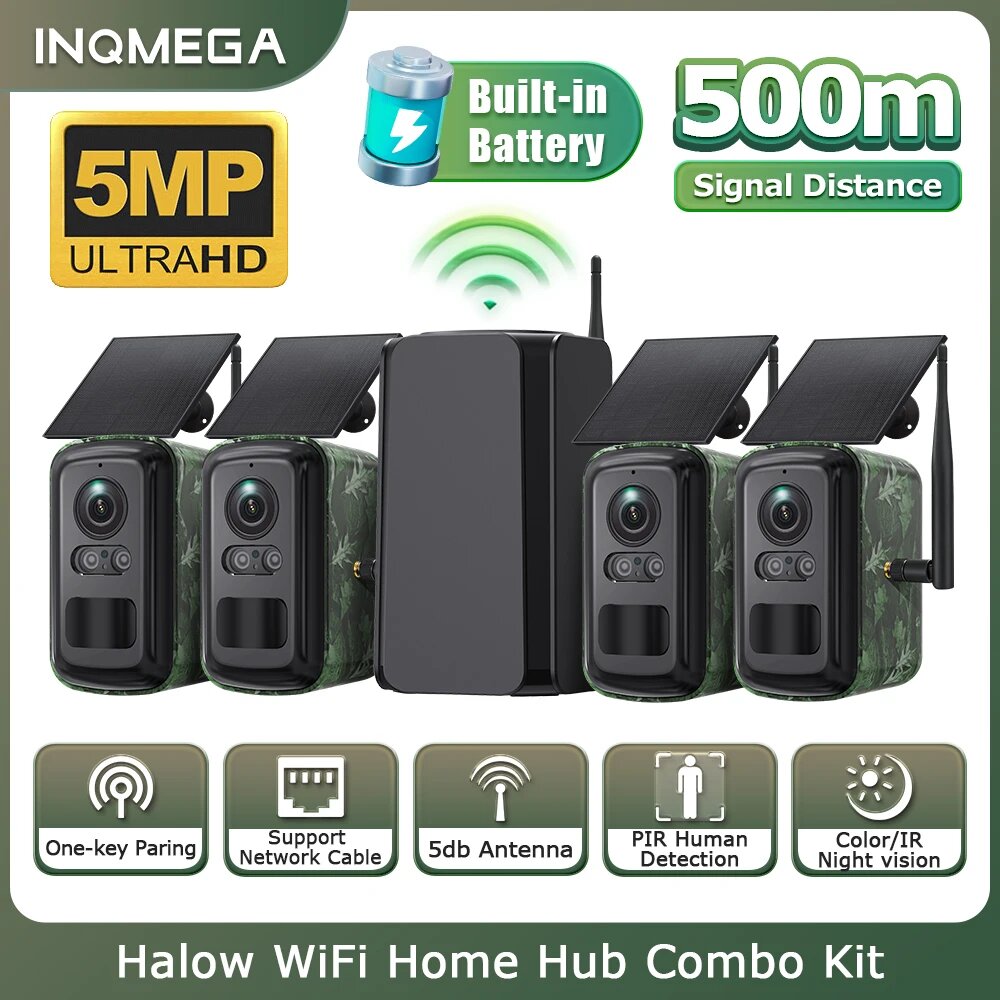 Роутер INQMGEA 4G WiFi с солнечной панелью с слотом для SIM-карты, покрытие диапазона WiFi 500 м + 4 камеры WiFi PTZ солнечных камер безопасности IP66
