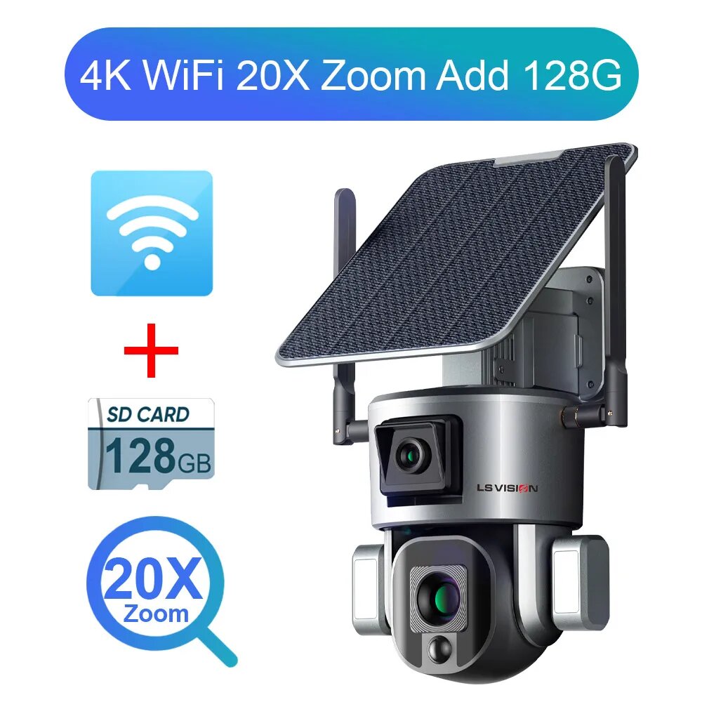 LS VISION 8MP 20X Оптическое увеличение 4G Солнечная камера Двойной экран беспроводная наружная 4K WiFi PTZ Камера видеонаблюдения с автоматическим трекингом человека