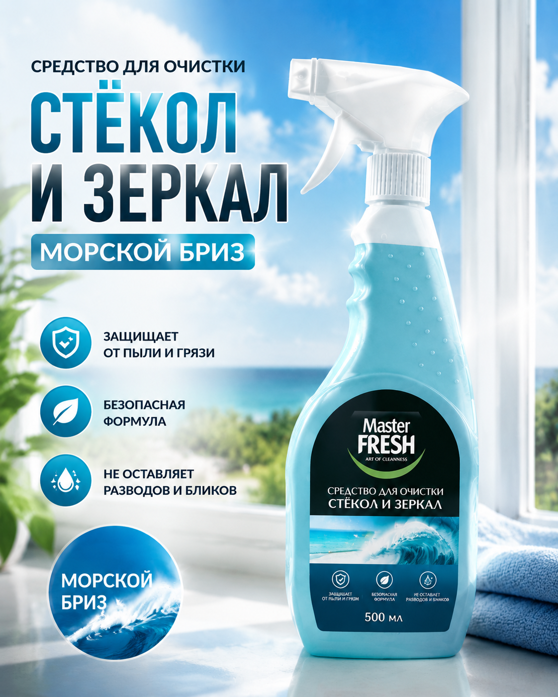 Средство для очистки стекол и зеркал Master Fresh Морской бриз 500мл