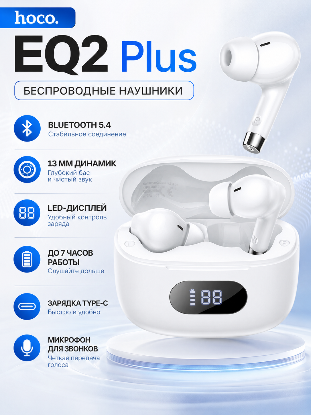 Наушники беспроводные внутриканальные HOCO EQ2 Plus Bluetooth 5.4 с микрофоном, белые