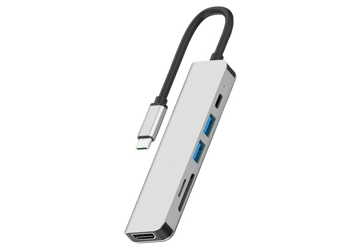 Адаптер переходник 6 в 1 2xUSB 3.0, 1xType-c, HDMI Power Delivery + SD и TF карты памяти / Разветвитель USB-C HUB 3.0 /
