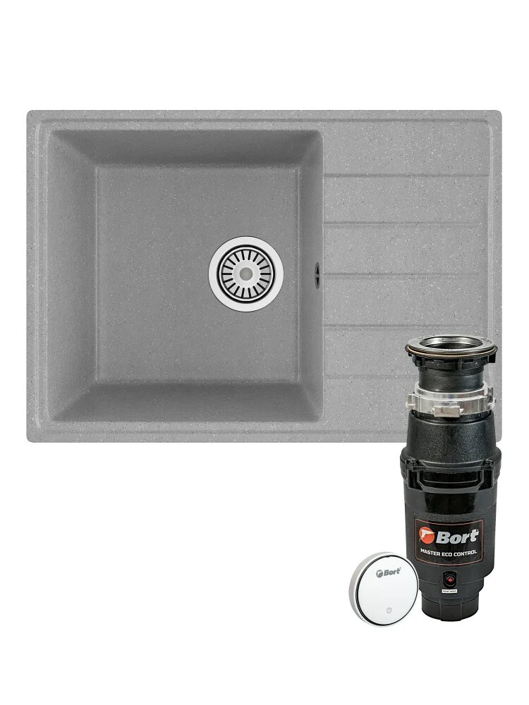 Комплект Мойка Domaci Палермо PR-600-003 60x42, серая, искусственный мрамор / Измельчитель Bort Master Eco Control электрический, нержавеющая сталь