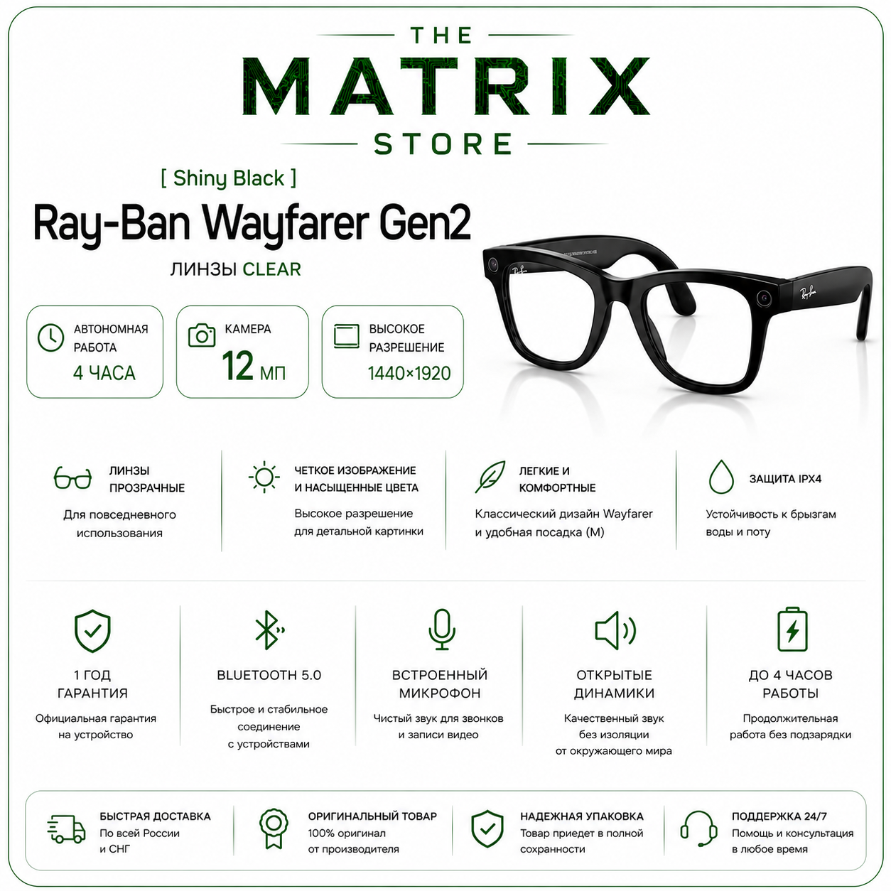 Умные очки с камерой Ray-Ban Wayfarer (Gen 2), размер 50-22-150, линзы Clear, оправа Matte Black M размер