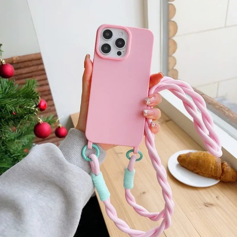 Противоударный Чехол Для iPhone С Ремешком-кроссбоди И Шнурком, Мягкий Розовый, Blue, iphone15pro