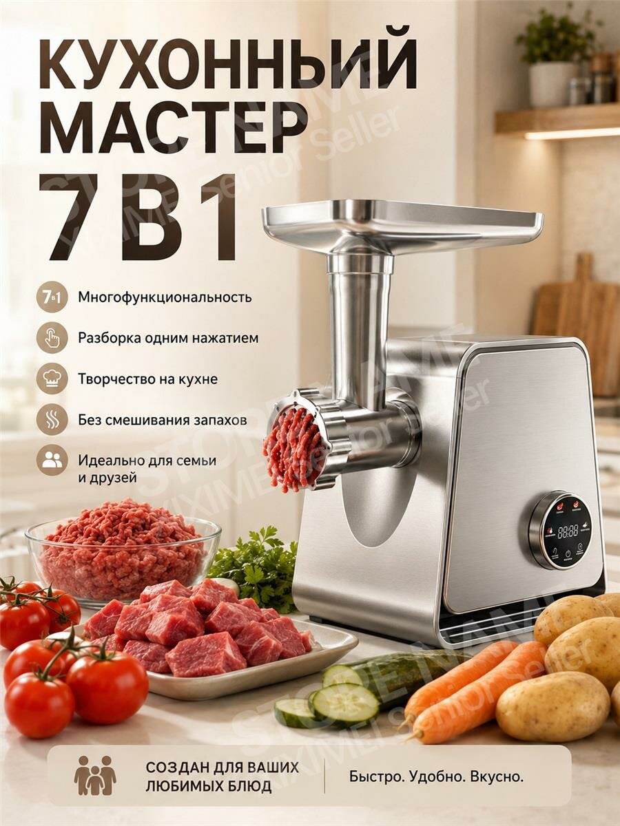 Многофункциональная металлическая кухонная мясорубка оснащена сенсорным интерфейсом управления, обеспечивает простую очистку и подходит для обработки мяса и овощей на семейной кухне.