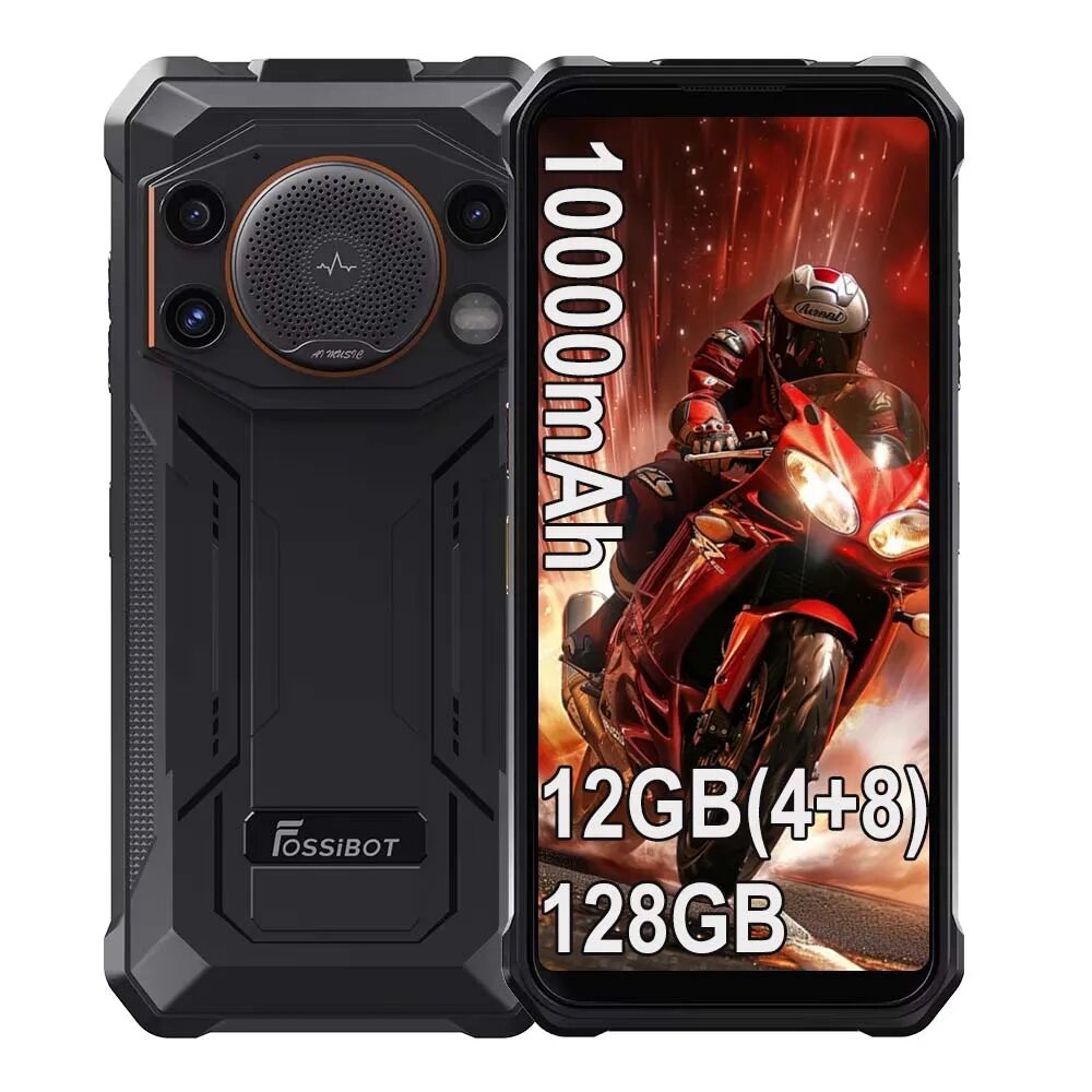 Fossibot F110L — защищенный смартфон на Android 15, 12 ГБ (4+8) памяти, 128 ГБ SSD, аккумулятор 10000 мАч, 6,745-дюймовый HD-экран, черный/оранжевый.