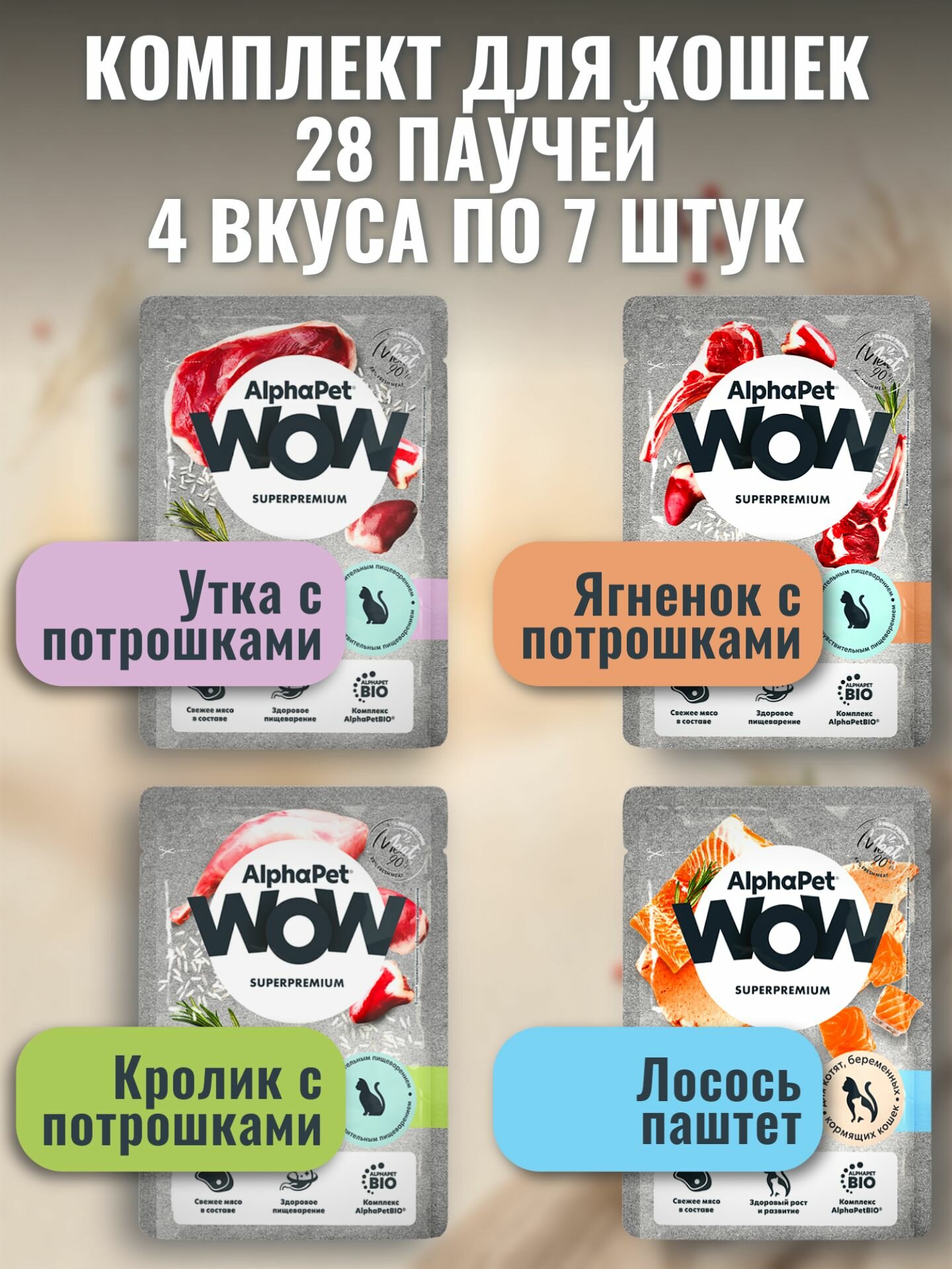 AlphaPet / Комплект для беременных и кошек с чувствительным пищеварением (утка, ягненок и кролик с потрошками, лосось паштет) 28 шт х 85 гр