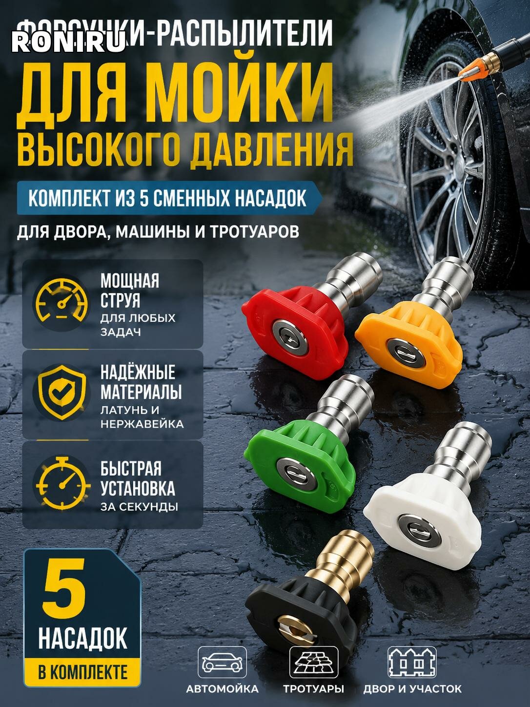 Форсунки-распылители для мойки высокого давления — комплект из 5 сменных насадок для очистки двора, машины и тротуар