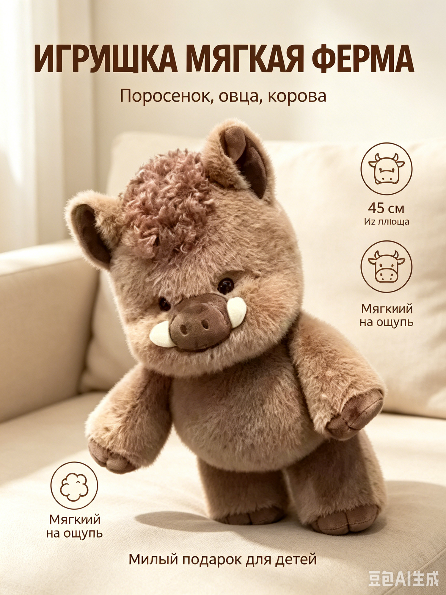 Игрушка мягкая "Ферма: поросенок/овца/корова", 45/60 см, из плюша