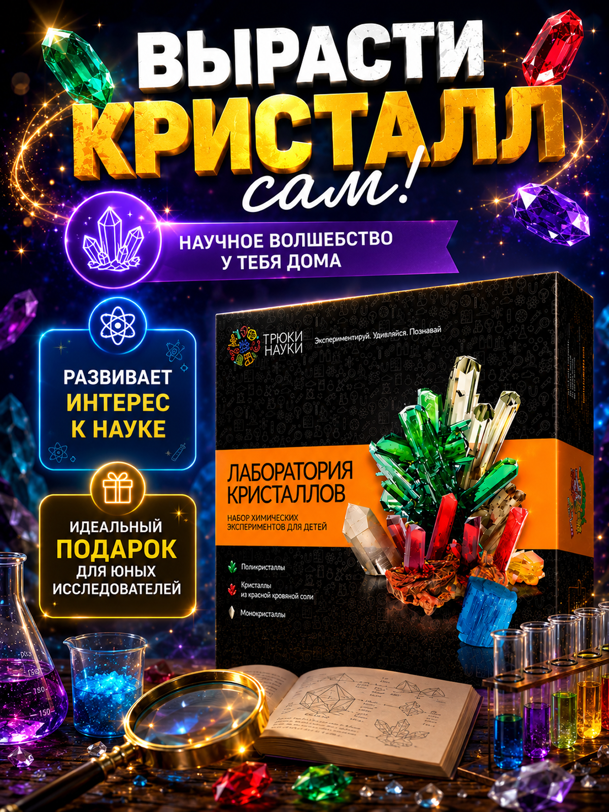 Набор химических экспериментов "Лаборатория кристаллов" 4 вида Трюки Науки