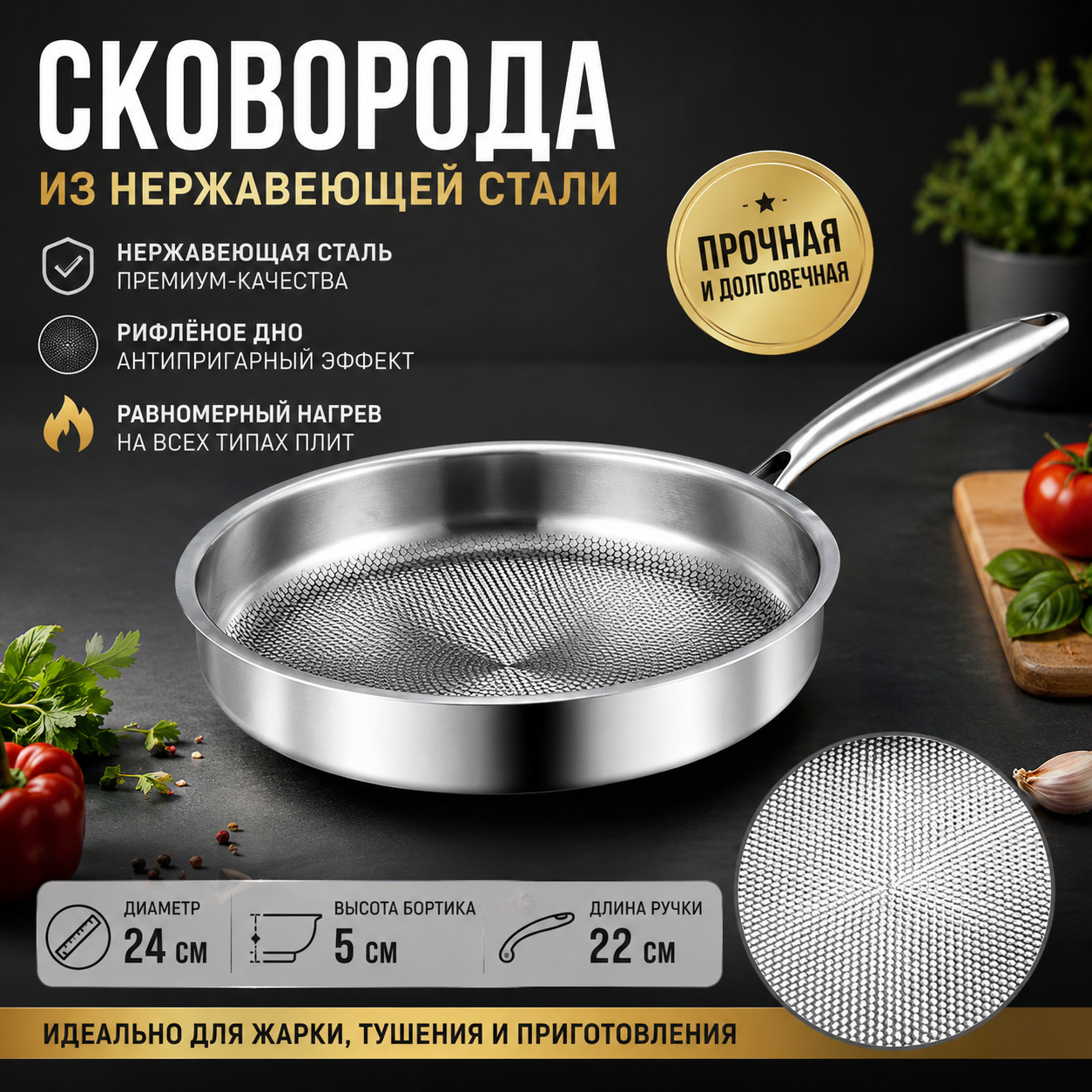 Нержавеющая сталь 316 немецкого стандарта, антипригарная сковорода, диаметр 24 см, без крышки, с неподвижной ручкой
