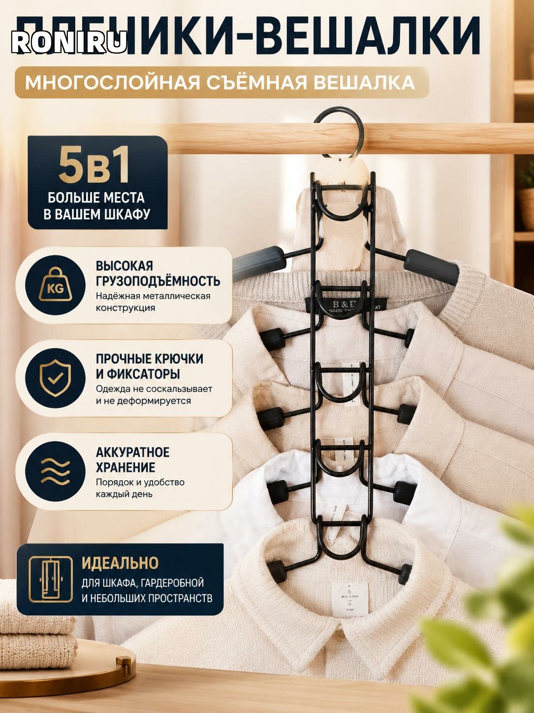 Плечики-вешалки для одежды с надёжными крючками и прочной конструкцией для шкафа и аккуратного хранения в гардеробе