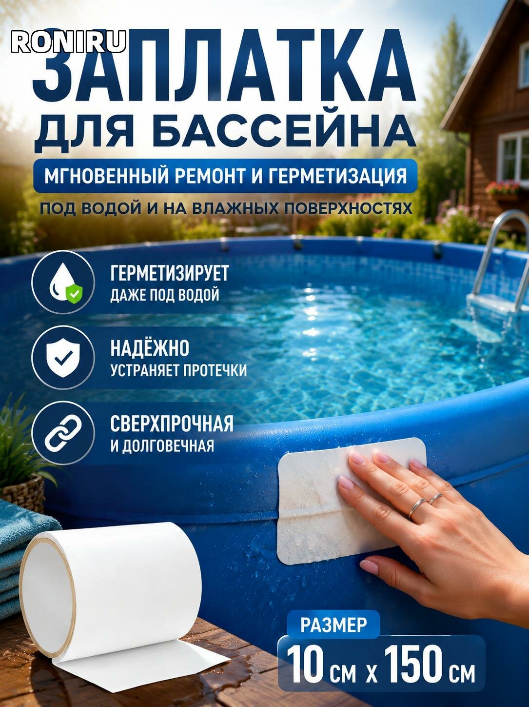 Заплатка для бассейна 10 см x 150 см, белая лента для мгновенного ремонта и герметизации под водой и на влажных поверхностях