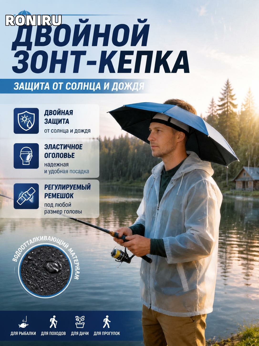 Двойной зонт-кепка, портативная головная крышка для защиты от дождя и солнца с эластичным оголовьем и регулируемым ремешком