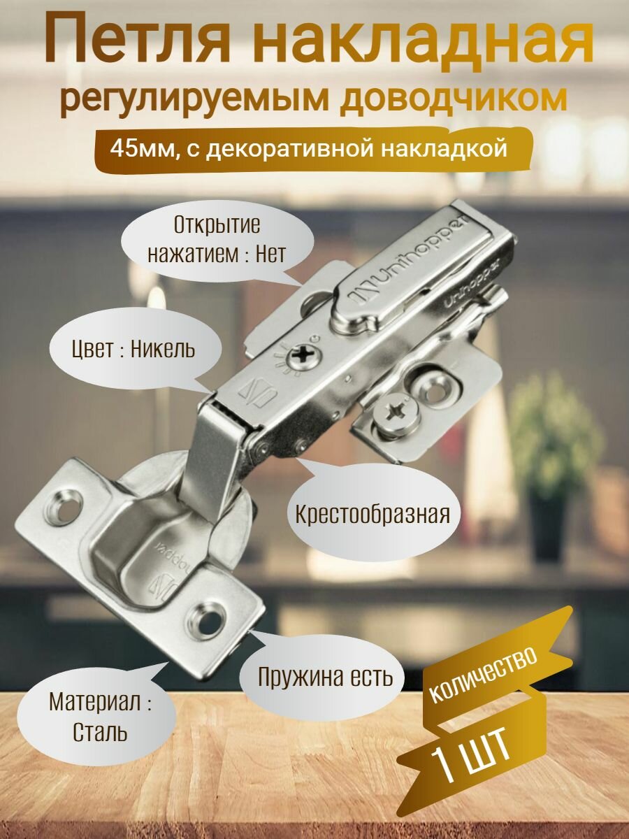Накладная петля хаттон с регулируемым доводчиком, трехмерной регулировкой, 45мм, с декоративной накладкой, никель