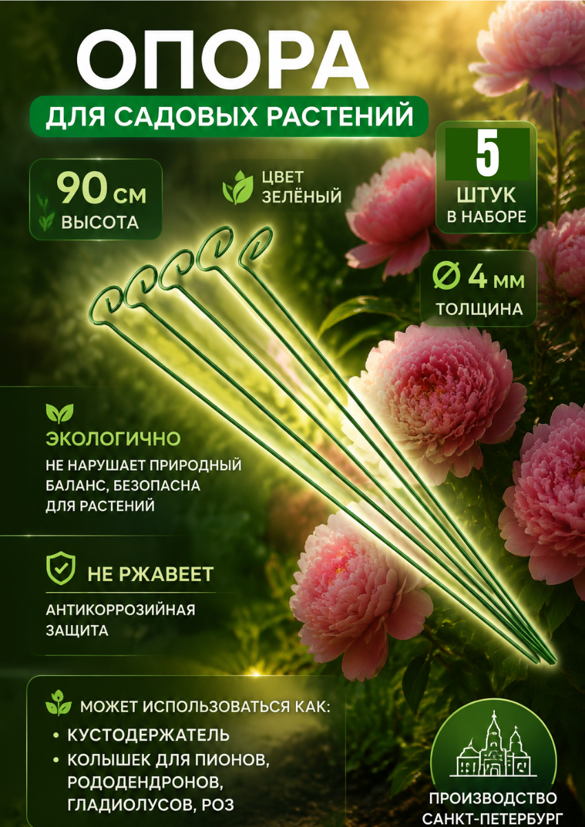Опора для садовых растений 90 см, цвет зелёный, 5 штук в наборе. Толщина 4 мм