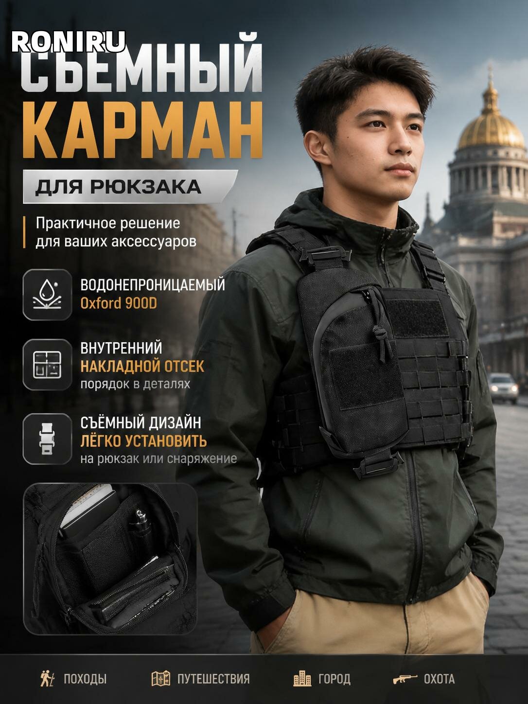 Съёмный карман для рюкзака, сумка для аксессуаров из Oxford 900D водонепроницаемая с внутренним накладным отсеком