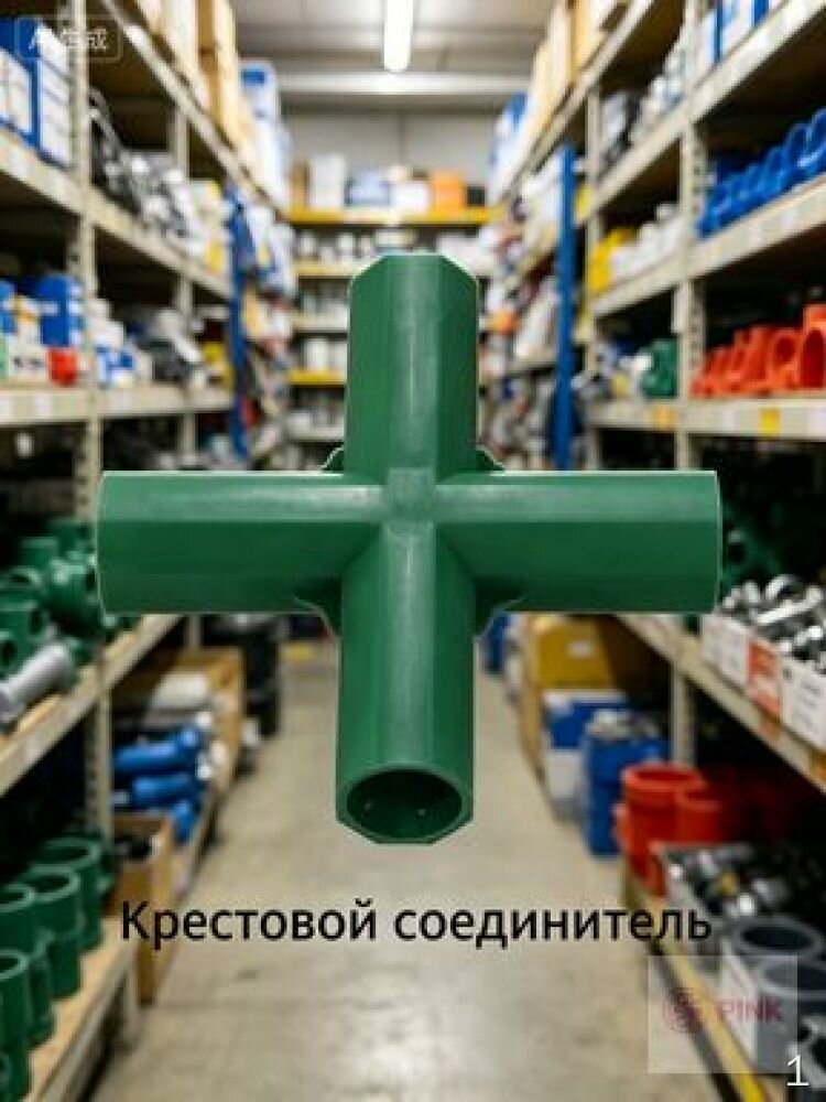 Крестовой соединитель зеленый из пластика для труб и водопровода