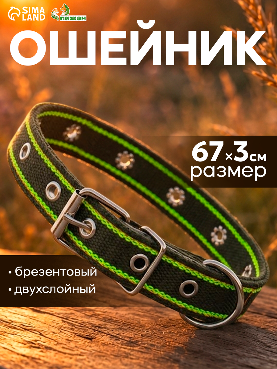 Ошейник брезентовый безразмерный двухслойный, хаки/зелёный, 67 х 3 см, ОШ до 55 см