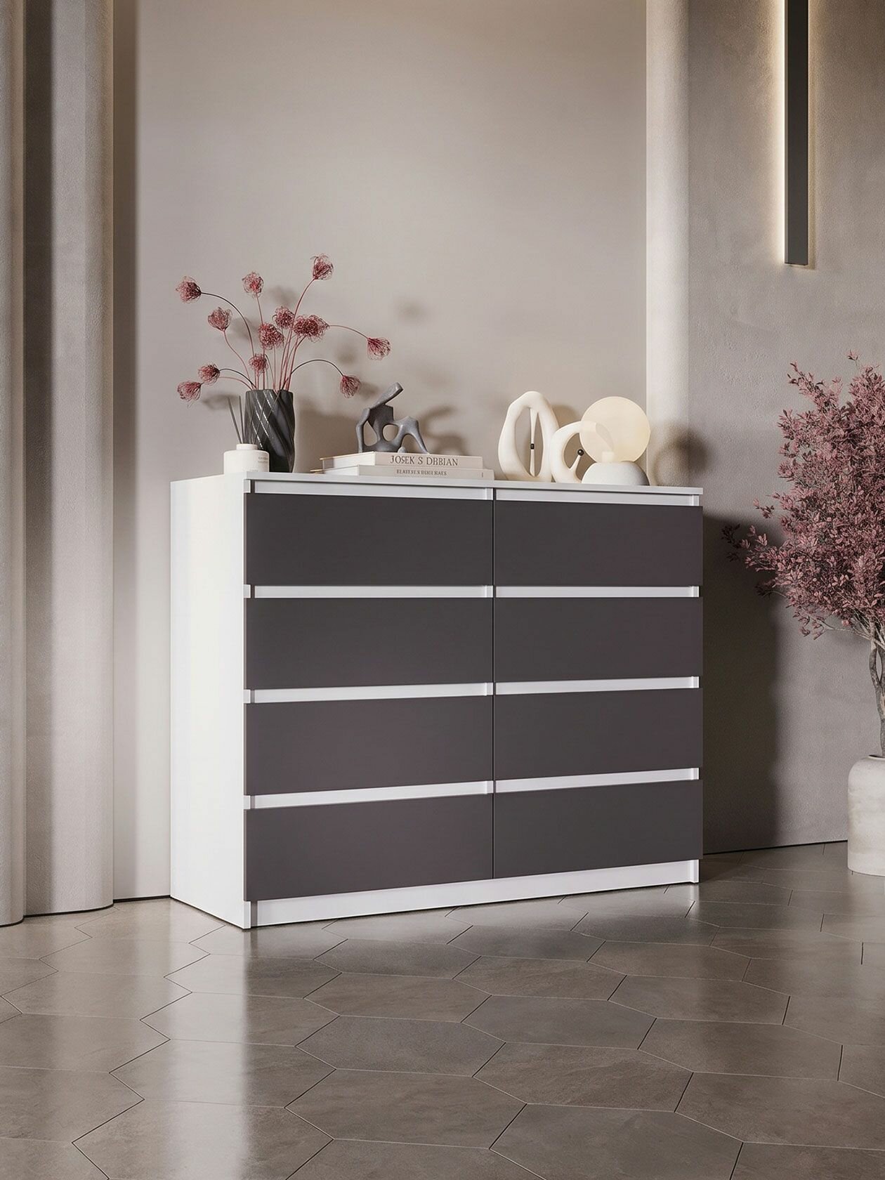 Комод для одежды и хранения вещей Вега с ящиками, 123.6x46.6x98 см, Белый / Графит