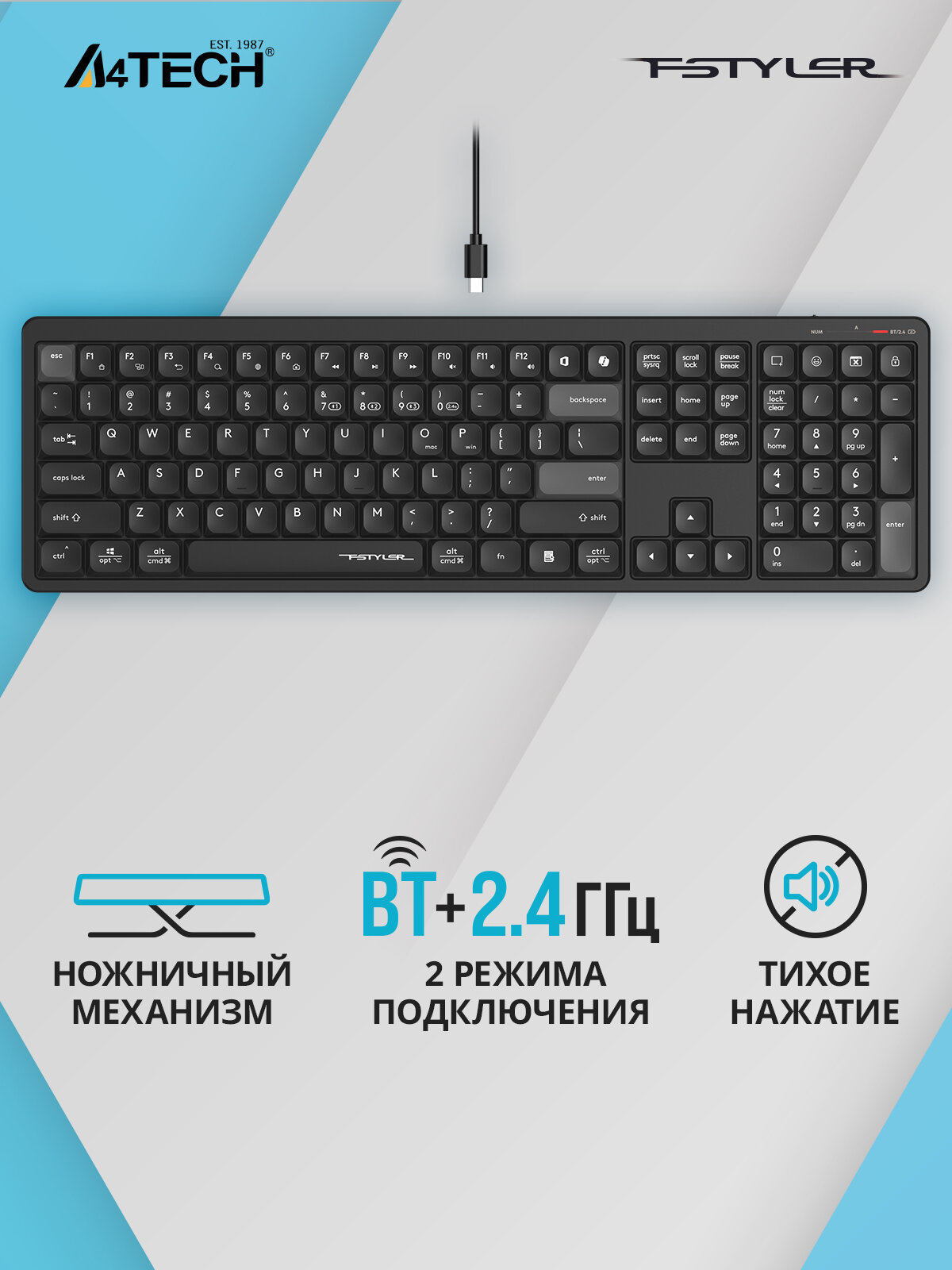 Клавиатура A4Tech Fstyler FBX55C, русские и английские буквы, черный