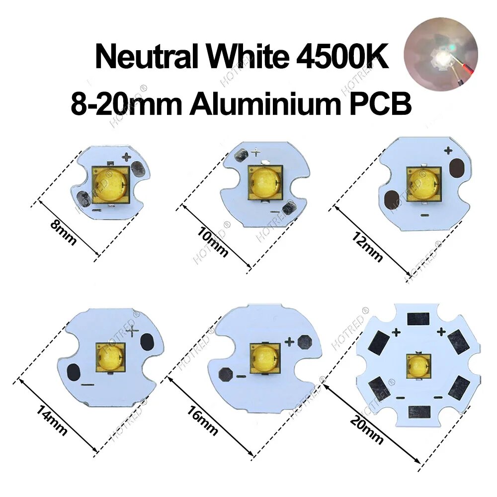 Светодиоды HotRed 3 Вт 3535 20/16/14/8 мм для фонарика Neutral White 4500K, on 12mm Aluminum
