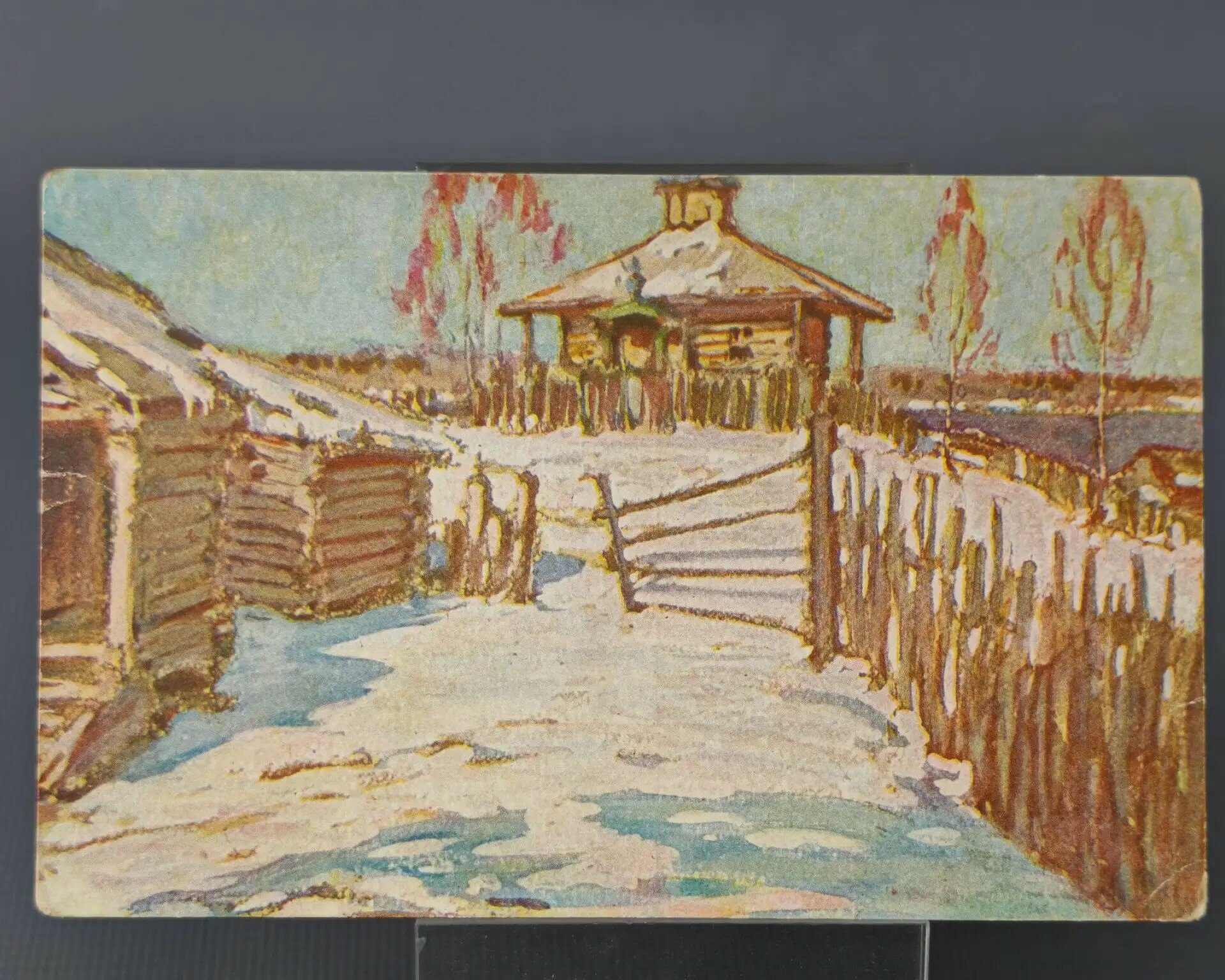 Дореволюционная художественная открытка Т-ва И. Д. Сытина, Москва — Русский зимний деревенский пейзаж с часовней (ок. 1905–1917)