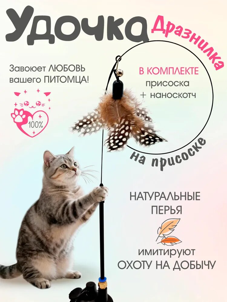 Удочка дразнилка для кошек на присоске + двухсторонний скотч / Интерактивные игрушки для котят, кота и кошки