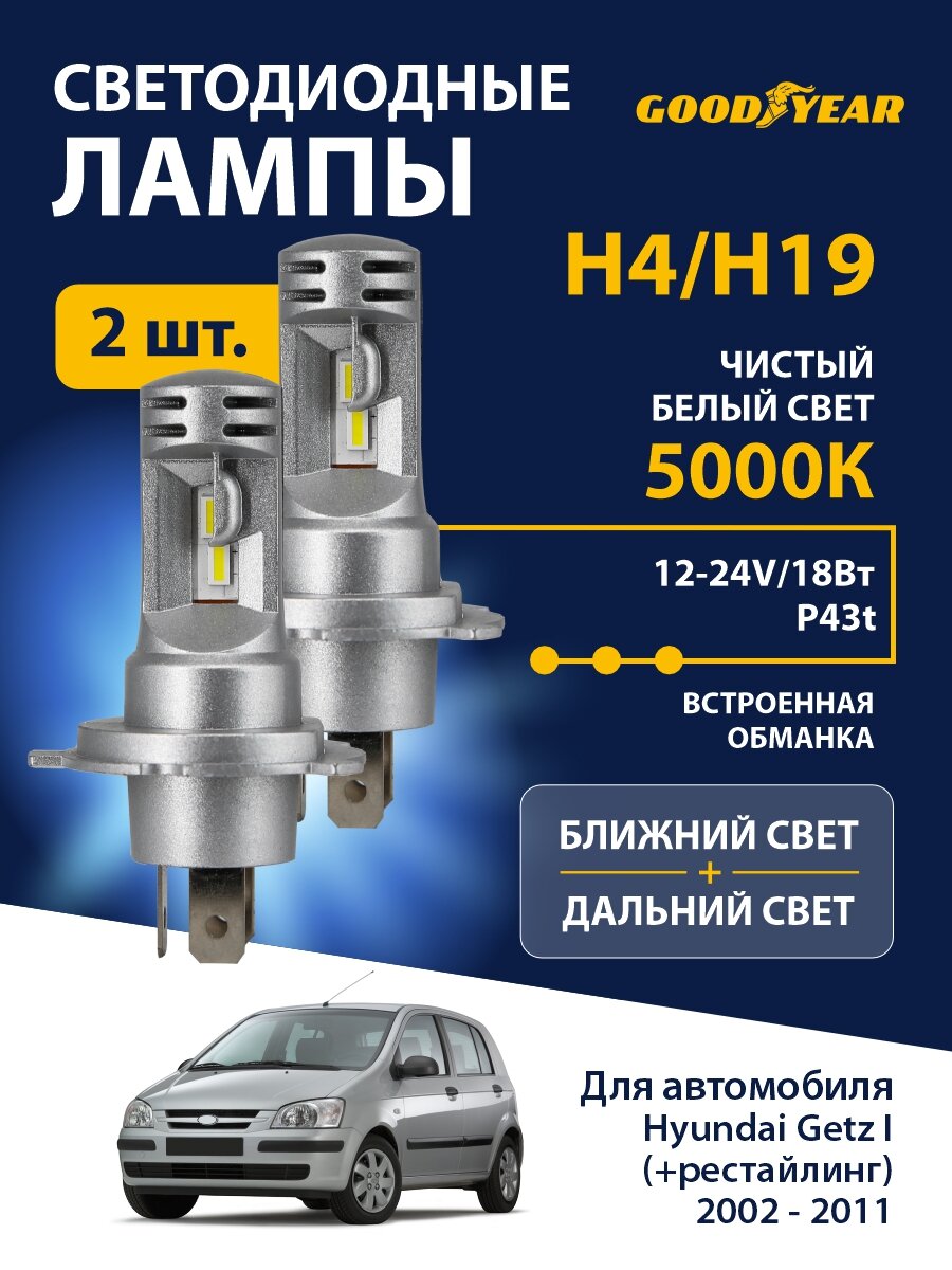 Светодиодные лампы H4 H19 Hyundai Getz 1 (+рестайлинг) (хендай гетц 1 ) 2002-2011 ближний и дальний свет (5000k чистый белый свет)