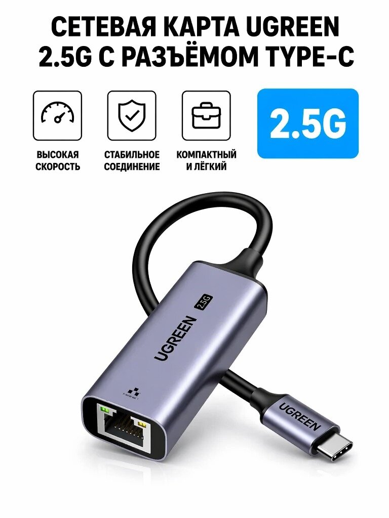 USB-концентратор UGREEN CM648 USB-C 3.1 to RJ45 2.5G Ethernet, цвет серый (25051)