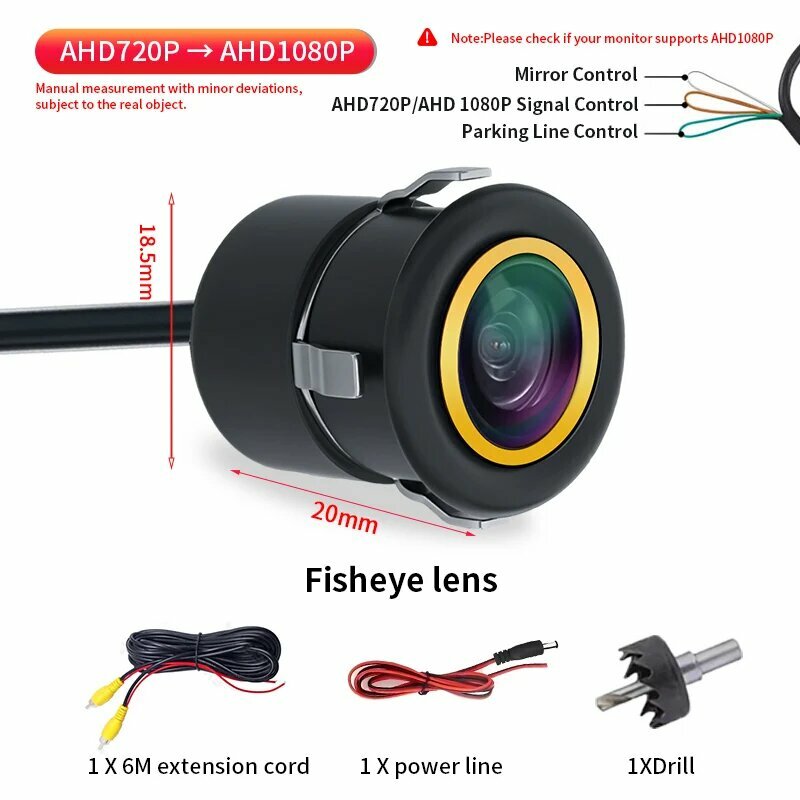 AHD1080P 170 ° Камера заднего вида Fisheye 18,5 мм, водонепроницаемая, с ночным видением, для скрытой установки, для автомобиля